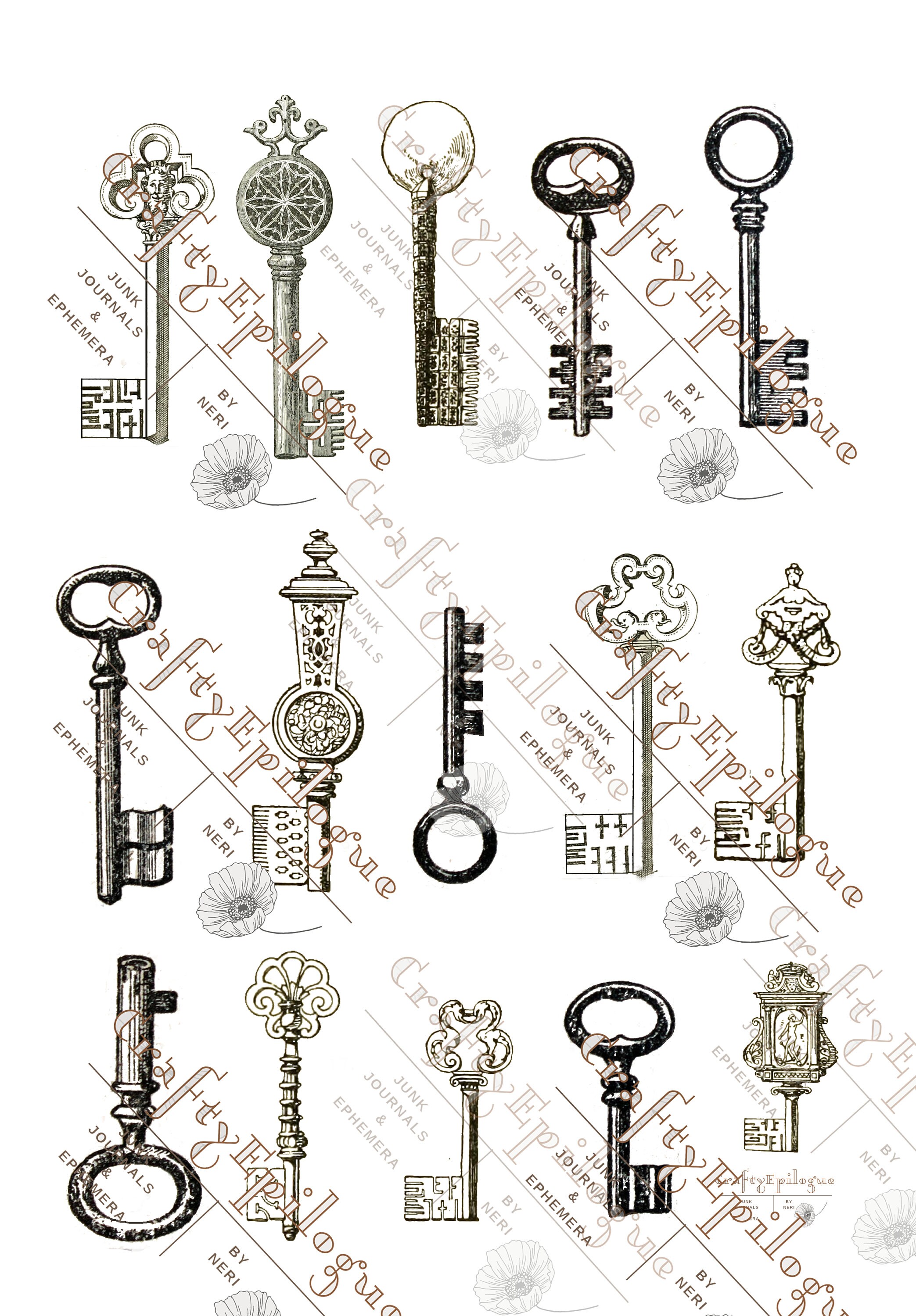 Vintage Keys, Illustration, Printable Keys, Image, Junk Journal ...