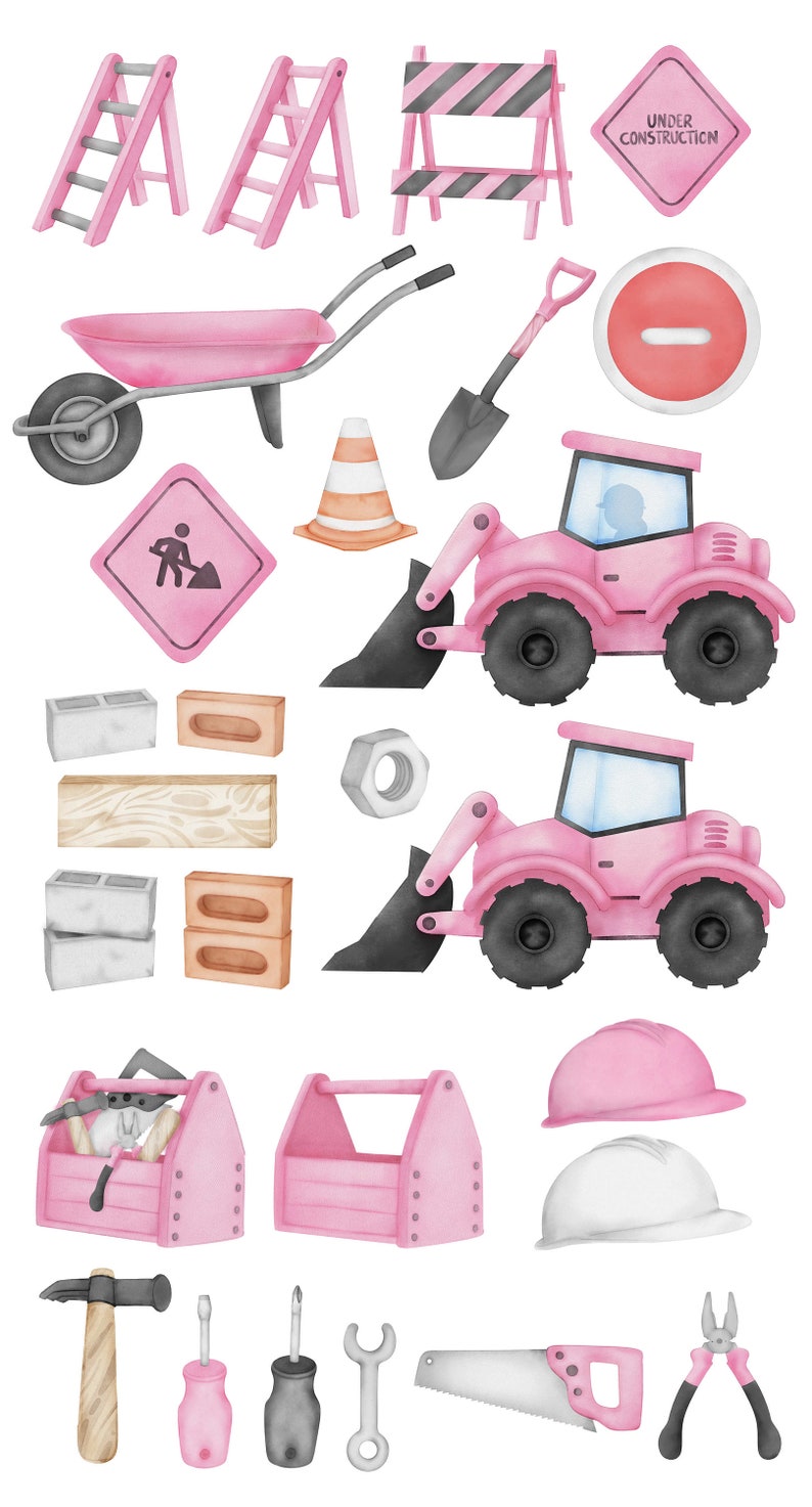 Watercolor Pink Construction Clipart Set With Cute Powerful Girl ...