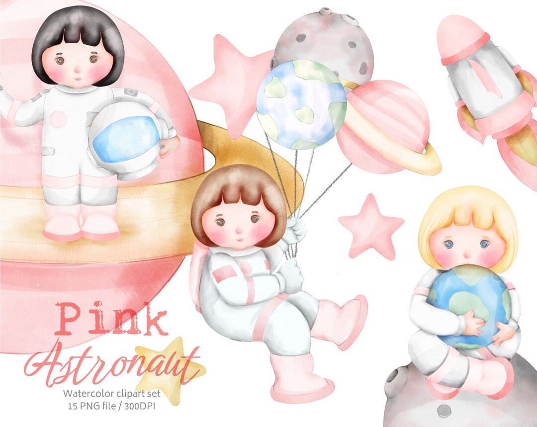 Watercolor Pink Astronaut Clipart Set, Pink Girl Illustrations ...