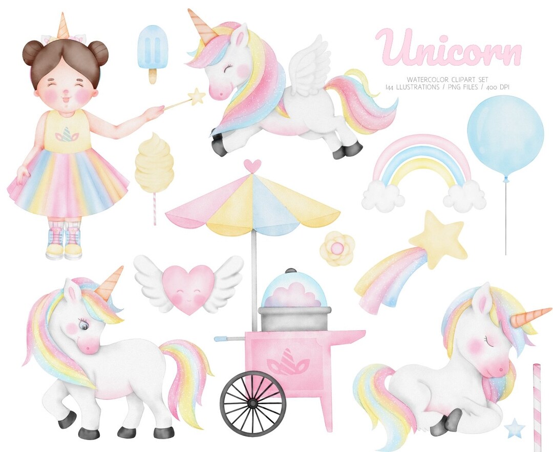 Watercolor Unicorn Clipart Set Unicorn Costume Girl Png Rainbow Unicorn ...