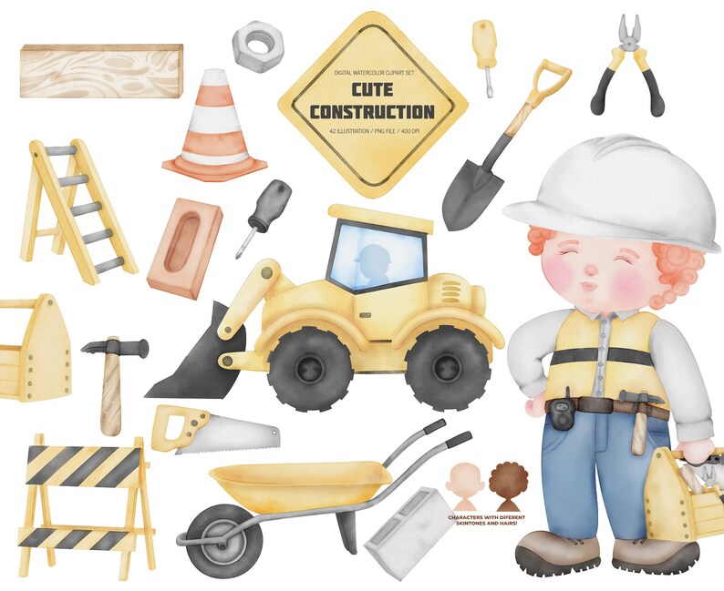 Watercolor Construction Clipart Set With Cute Boy Builder Clipart ...