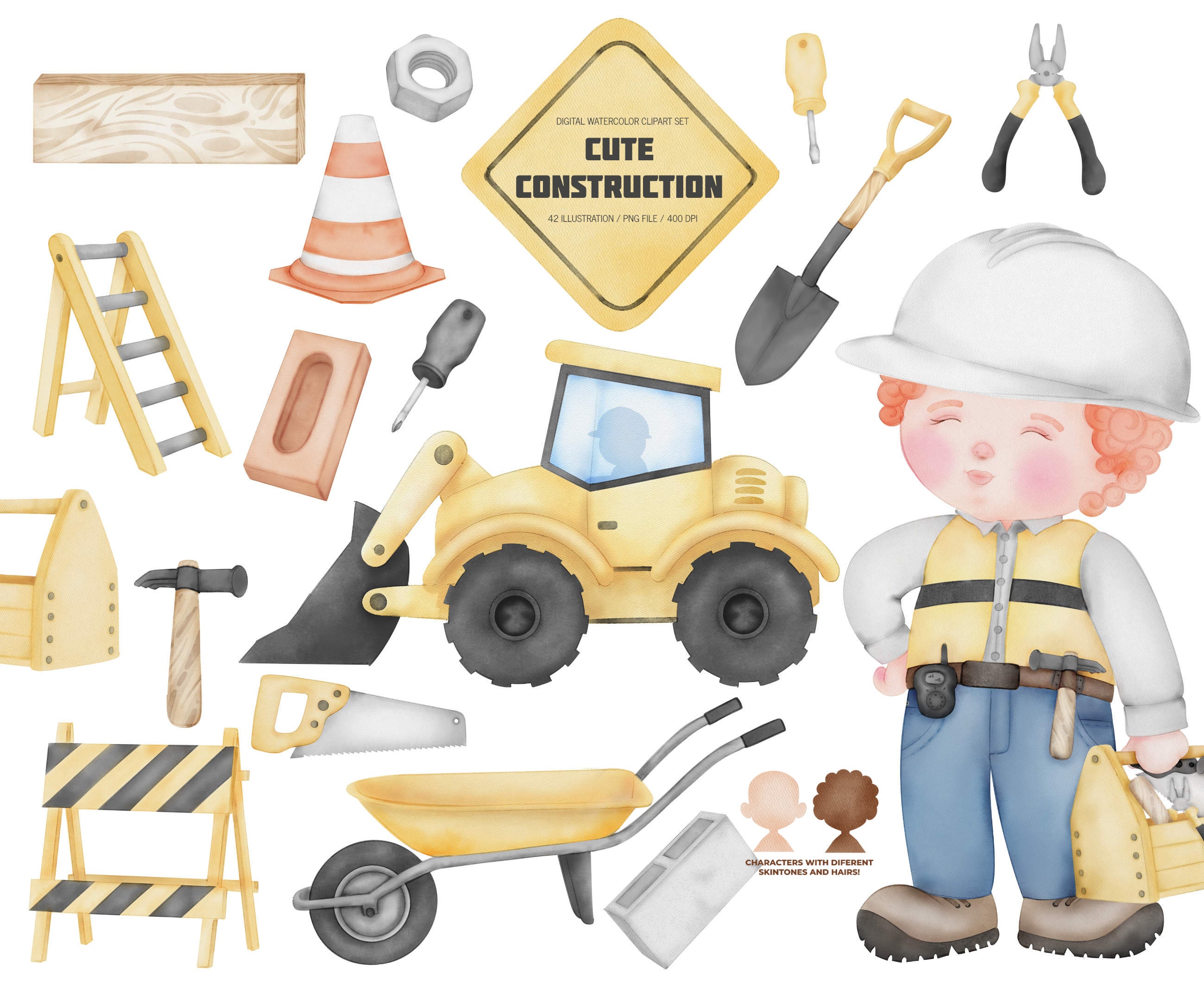 Watercolor Construction Clipart Set With Cute Boy Builder Clipart ...