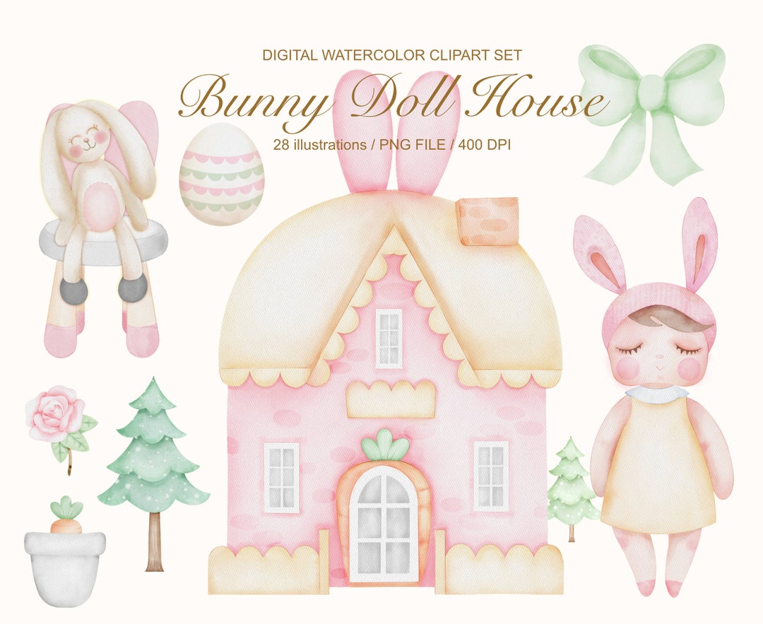 Watercolor Bunny Dollhouse Clipart Set Easter Ilustrations Easter Bunny ...