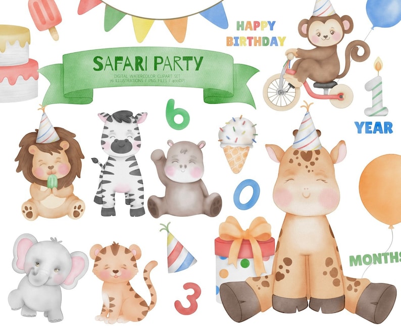 Watercolor Safari Animals Clipart Safari Animals Birthday Png Cute Baby ...