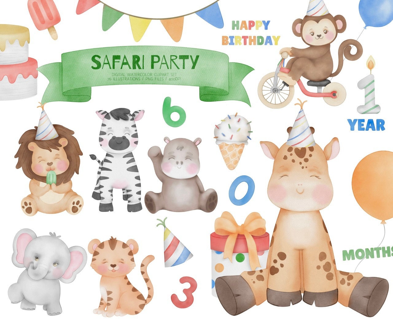 Watercolor Safari Animals Clipart Safari Animals Birthday Png Cute Baby ...