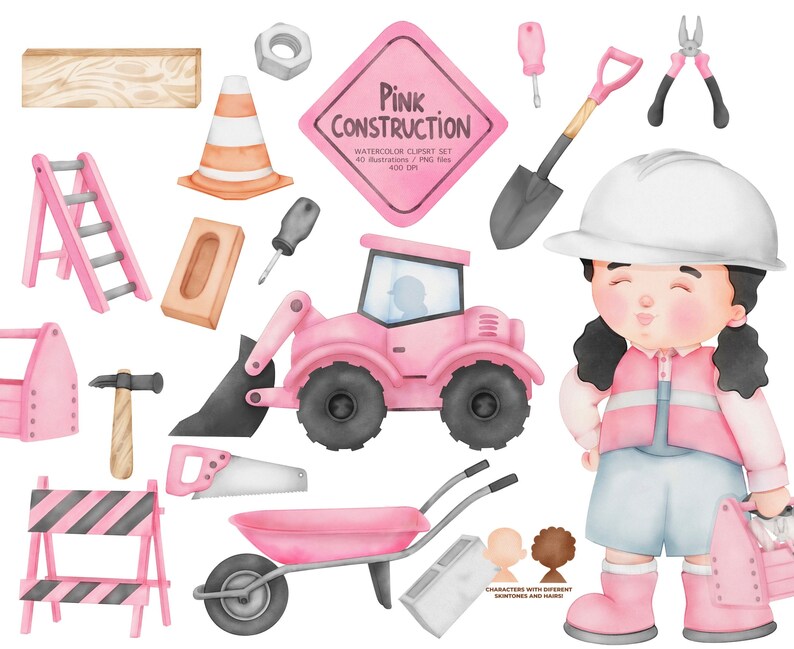 Watercolor Pink Construction Clipart Set With Cute Powerful Girl ...