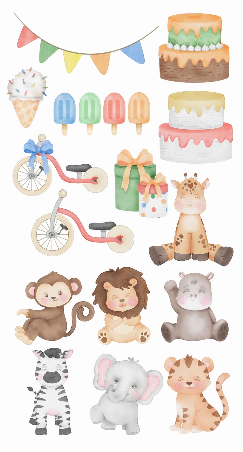 Watercolor Safari Animals Clipart Safari Animals Birthday Png Cute Baby ...