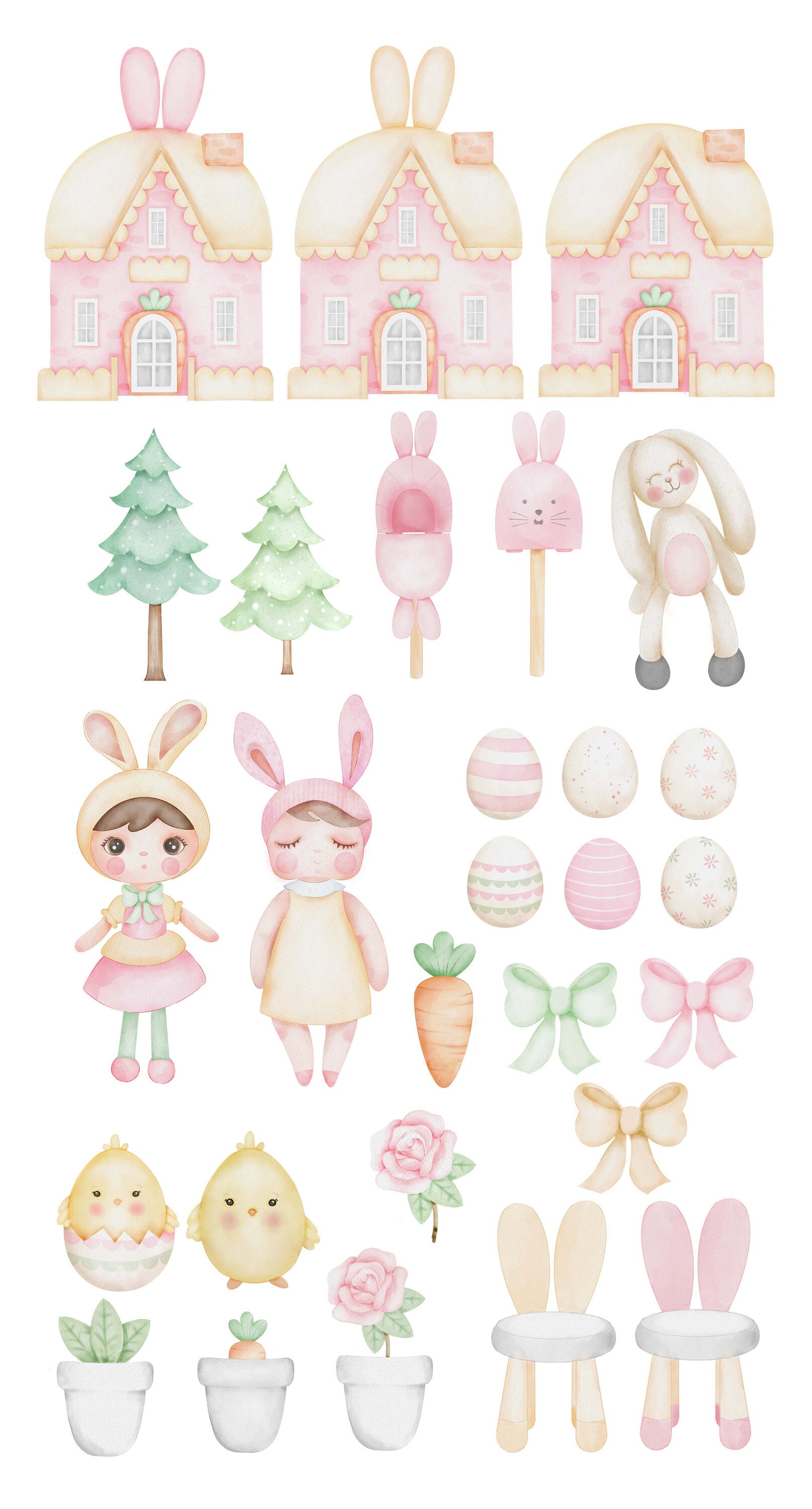 Watercolor Bunny Dollhouse Clipart Set Easter Ilustrations Easter Bunny ...