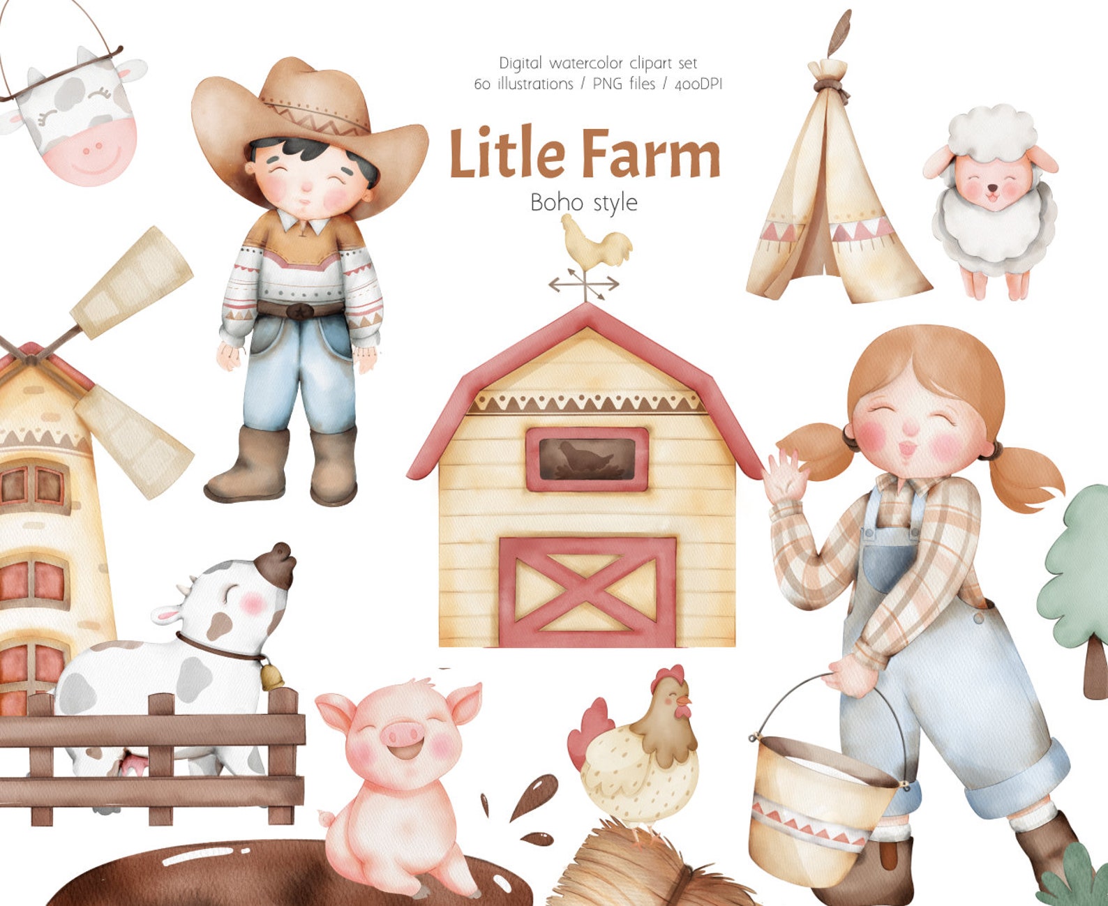 Watercolor Farm Animals Clipart Set Cute Baby Farm Animals Clipart Set ...