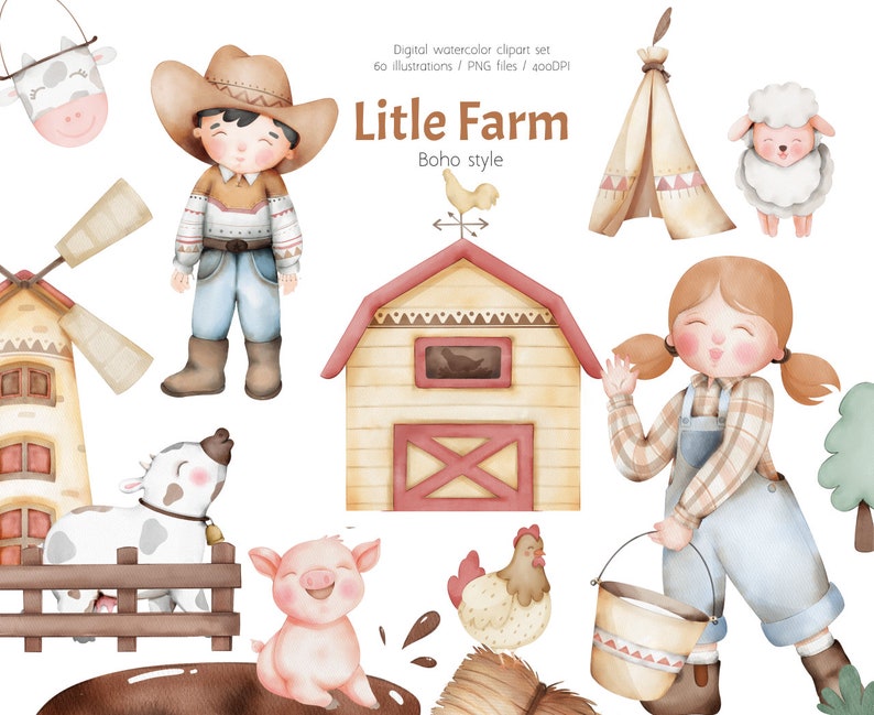 Watercolor Farm Animals Clipart Set Cute Baby Farm Animals Clipart Set ...