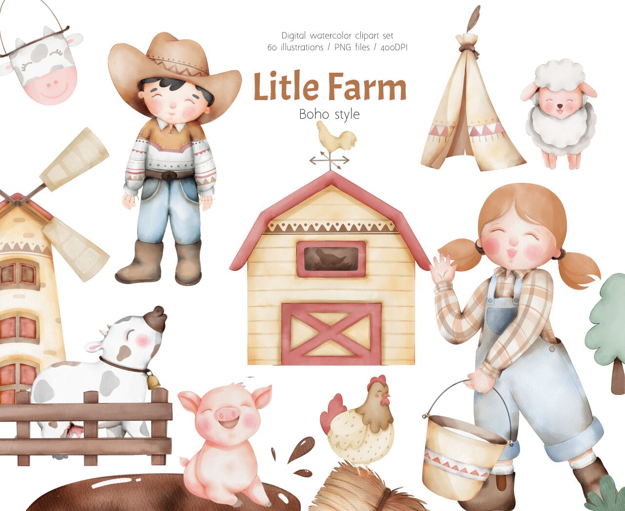Watercolor Farm Animals Clipart Set Cute Baby Farm Animals Clipart Set ...