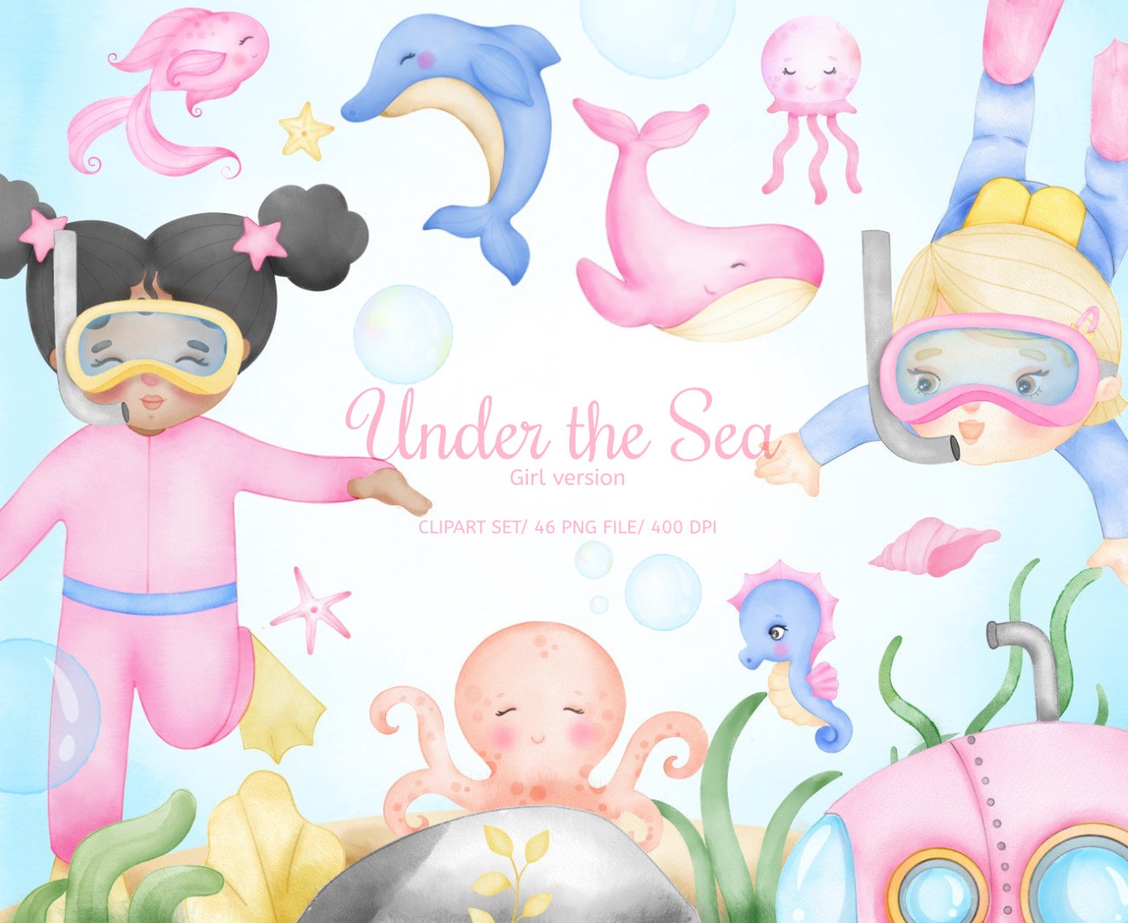 Watercolor Under the Sea Girl Clipart Set, Baby Girl Under the Sea Png ...