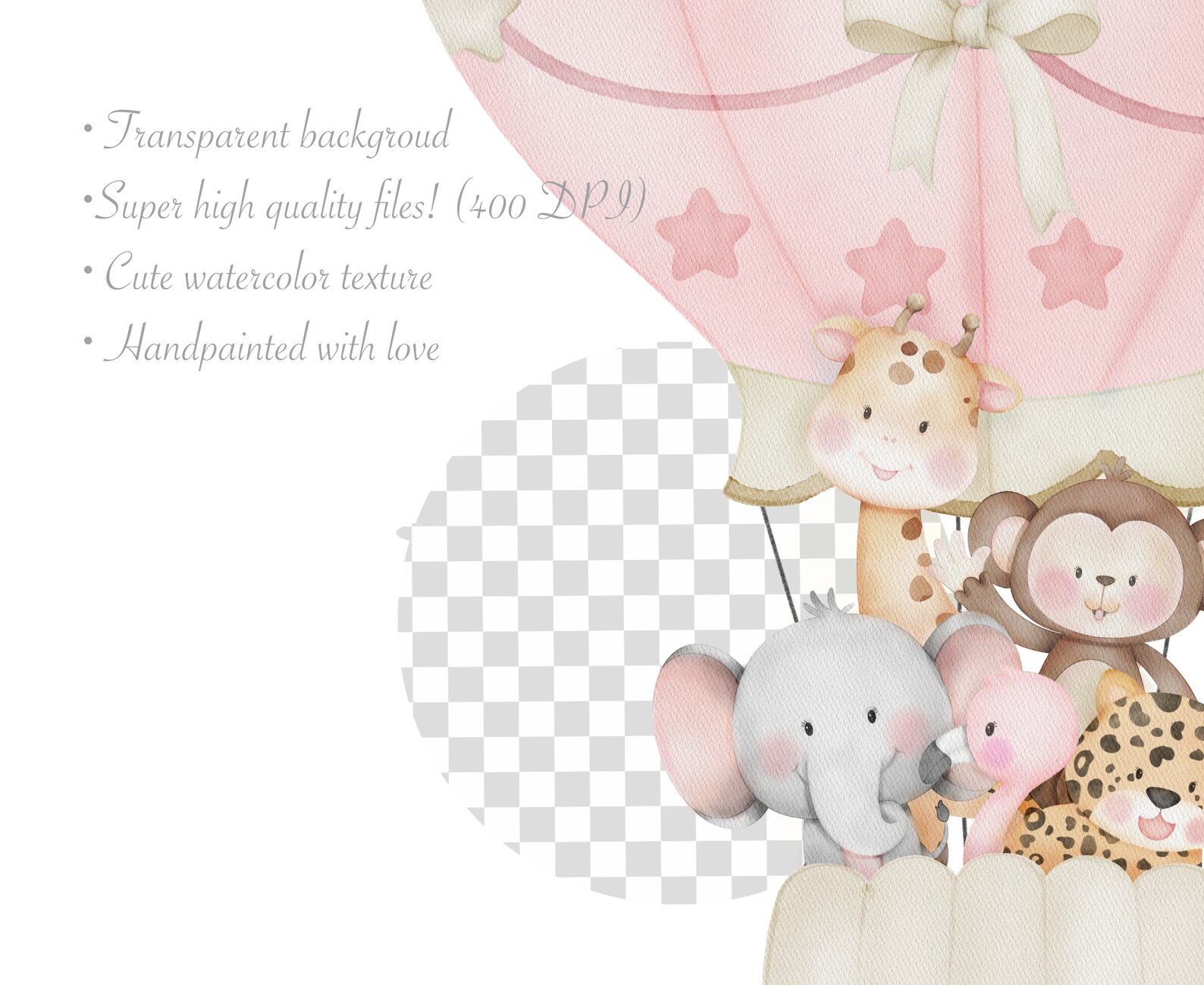 Watercolor Pink Safari on Ballon Clipart Set, Baby Safari Animals ...