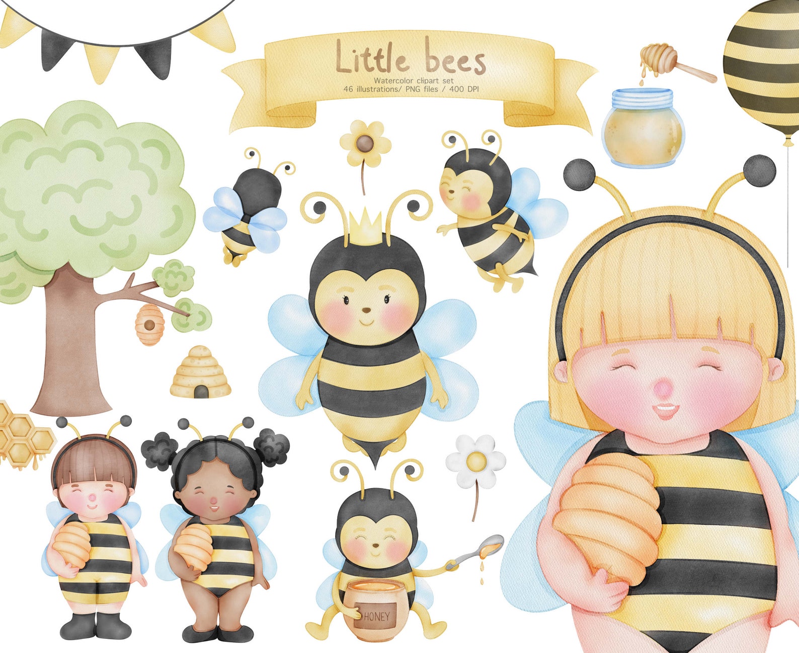 Watercolor Little Bee Clipart Set, Bee Png Illustrations, Little ...