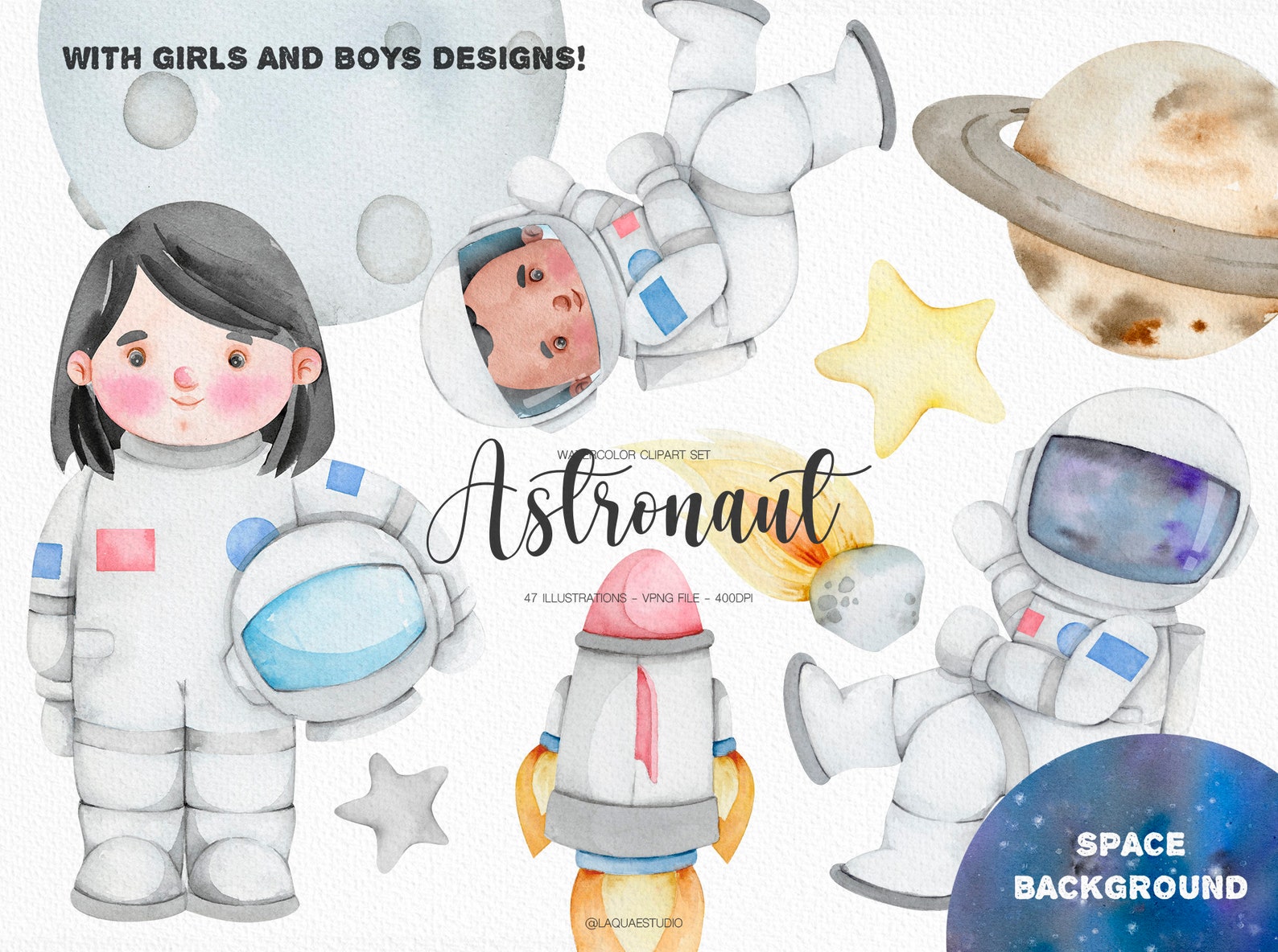 Watercolor Astronaut Clipart Set Planets Illustrations PNG Astronaut ...