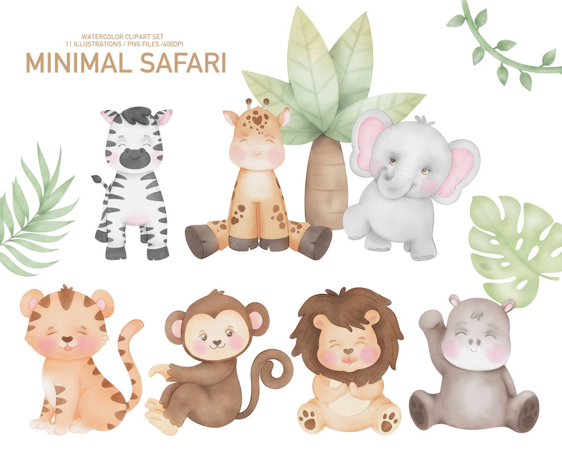 Watercolor Safari Clipart Bundle: Elephant, Hippo, Lion, Tiger, Giraffe ...