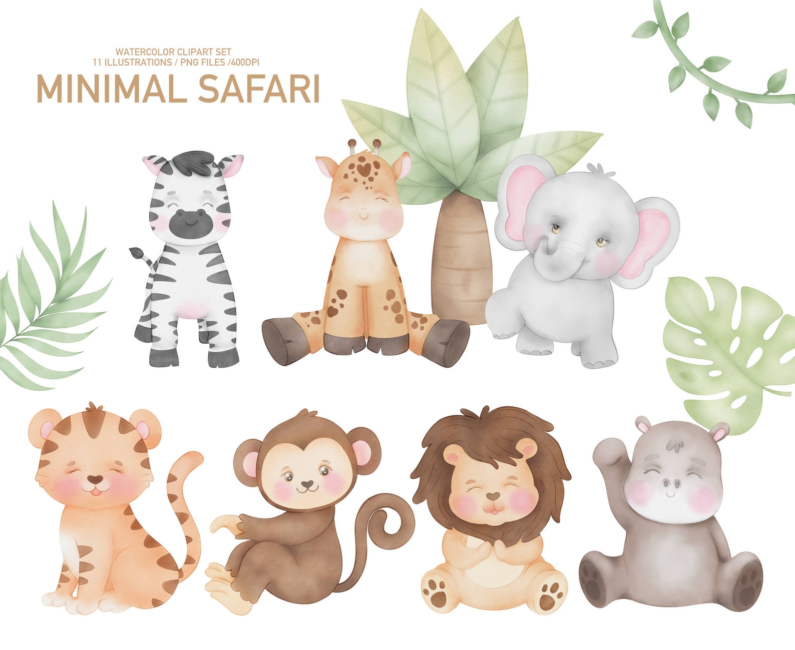 Watercolor Safari Clipart Bundle: Elephant, Hippo, Lion, Tiger, Giraffe ...