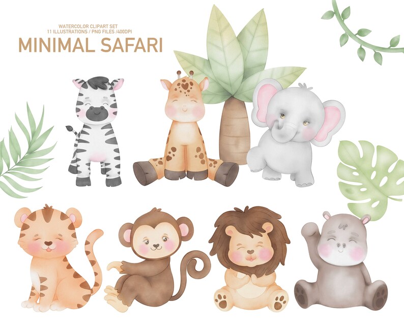 Watercolor Safari Clipart Bundle: Elephant, Hippo, Lion, Tiger, Giraffe ...