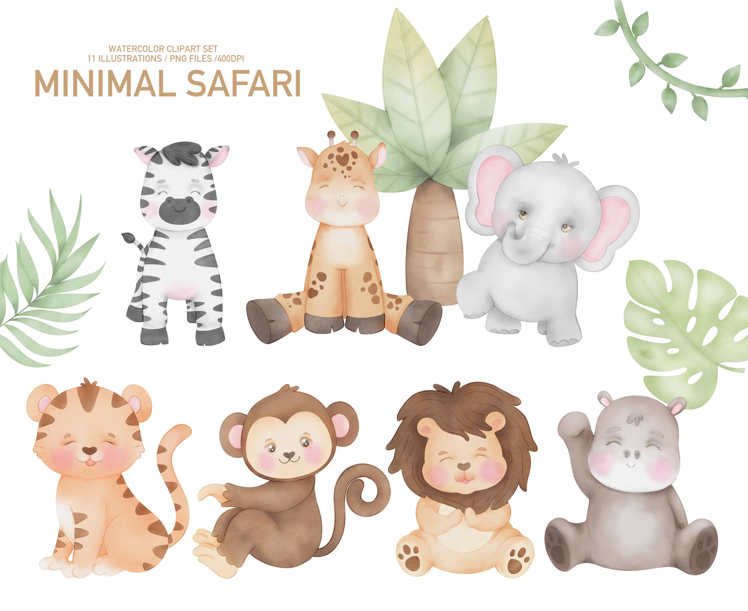 Watercolor Safari Clipart Bundle: Elephant, Hippo, Lion, Tiger, Giraffe ...