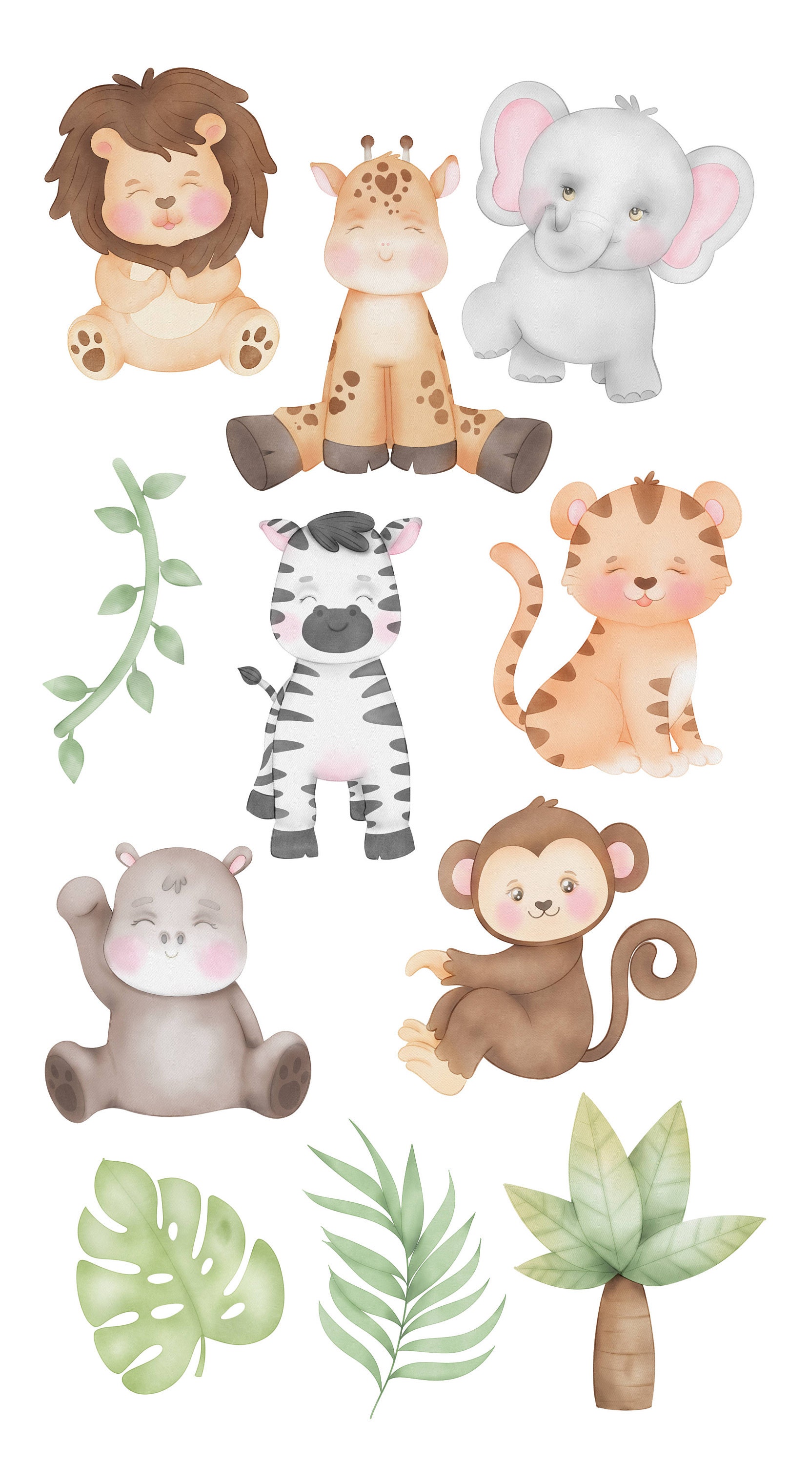 Watercolor Safari Clipart Bundle: Elephant, Hippo, Lion, Tiger, Giraffe ...