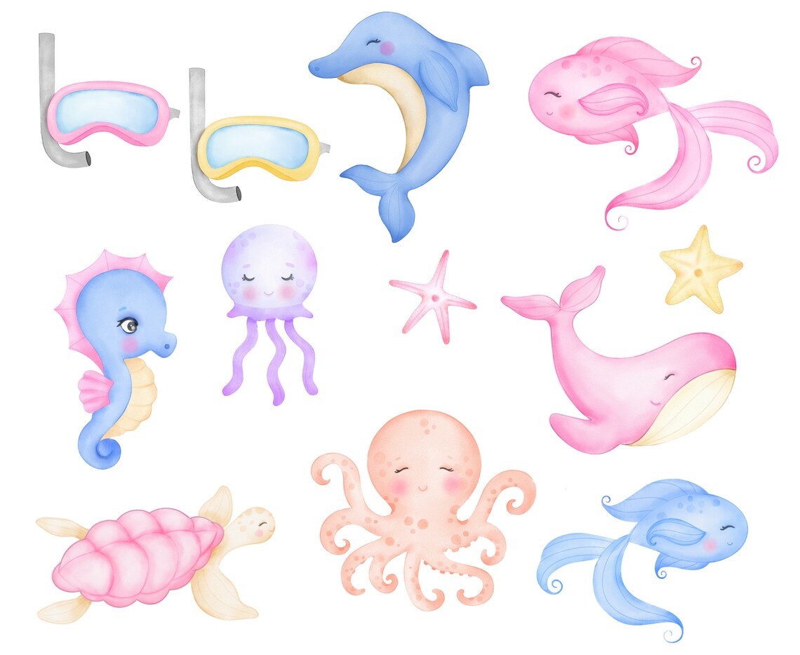 Watercolor Under the Sea Girl Clipart Set, Baby Girl Under the Sea Png ...