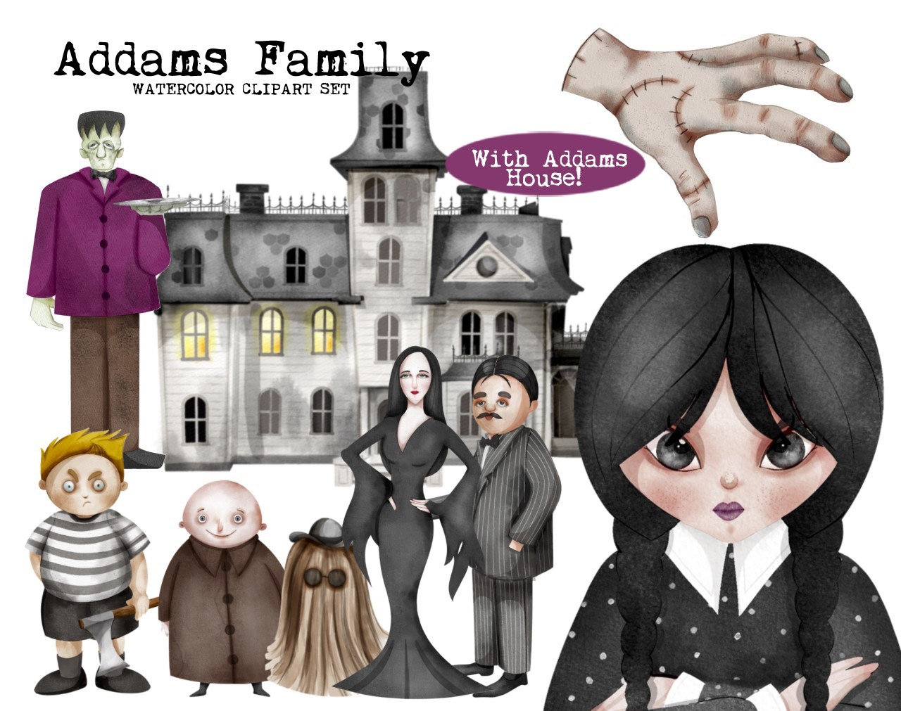 Addams Family Clipart Set Wednesday Clipart Handpainted - Etsy