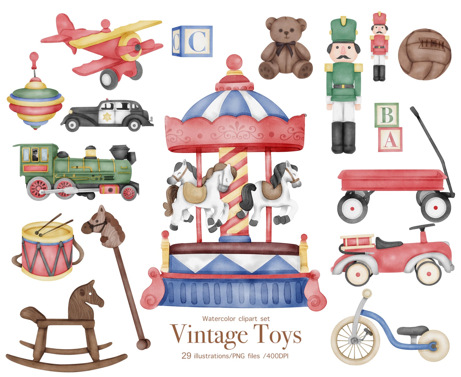 Watercolor Vintage Toys Clipart Set Watercolor Classic Toys Clipart Png ...