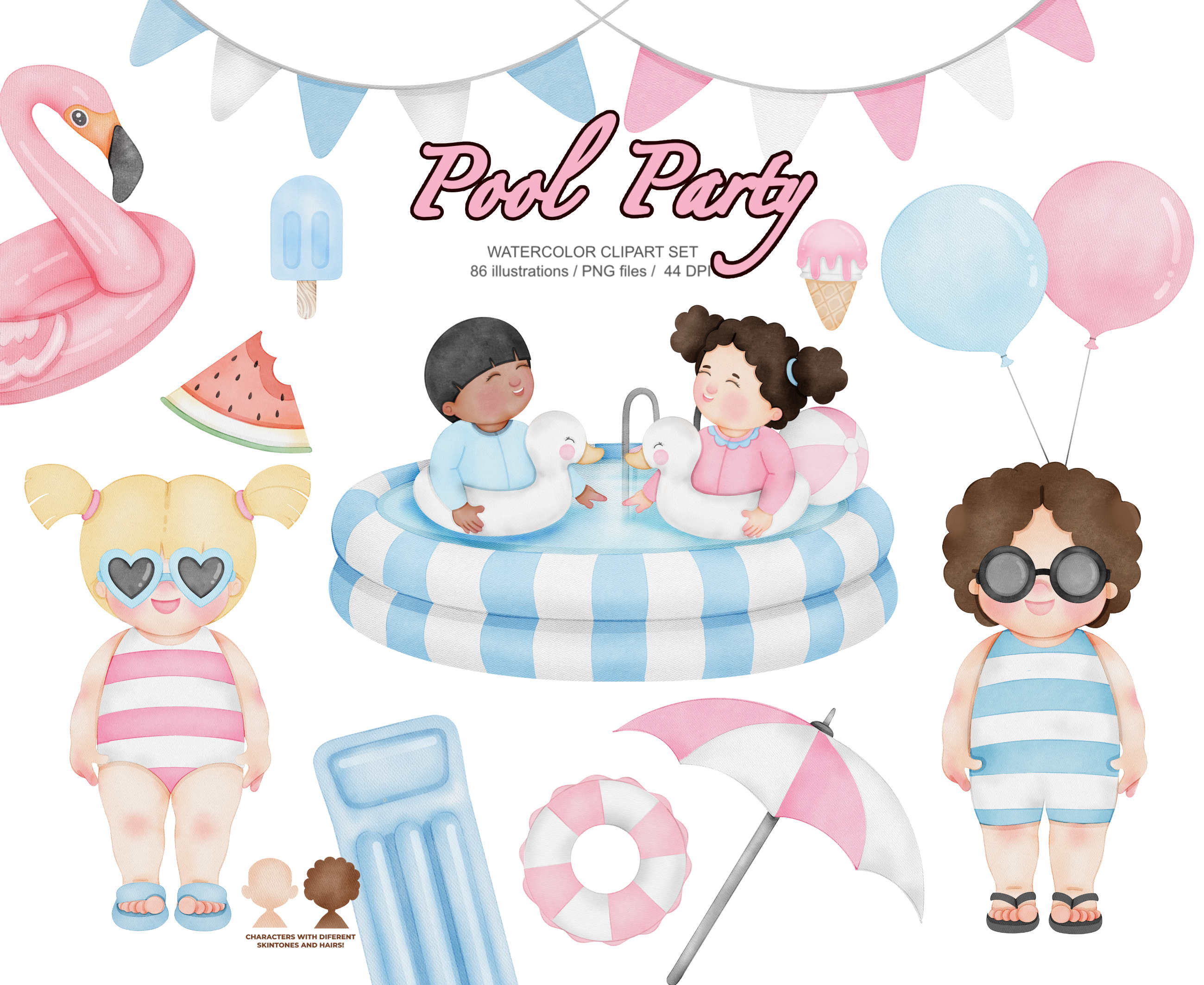 Watercolor Pool Party Clipart Set Summer Party Clipart Watercolor ...