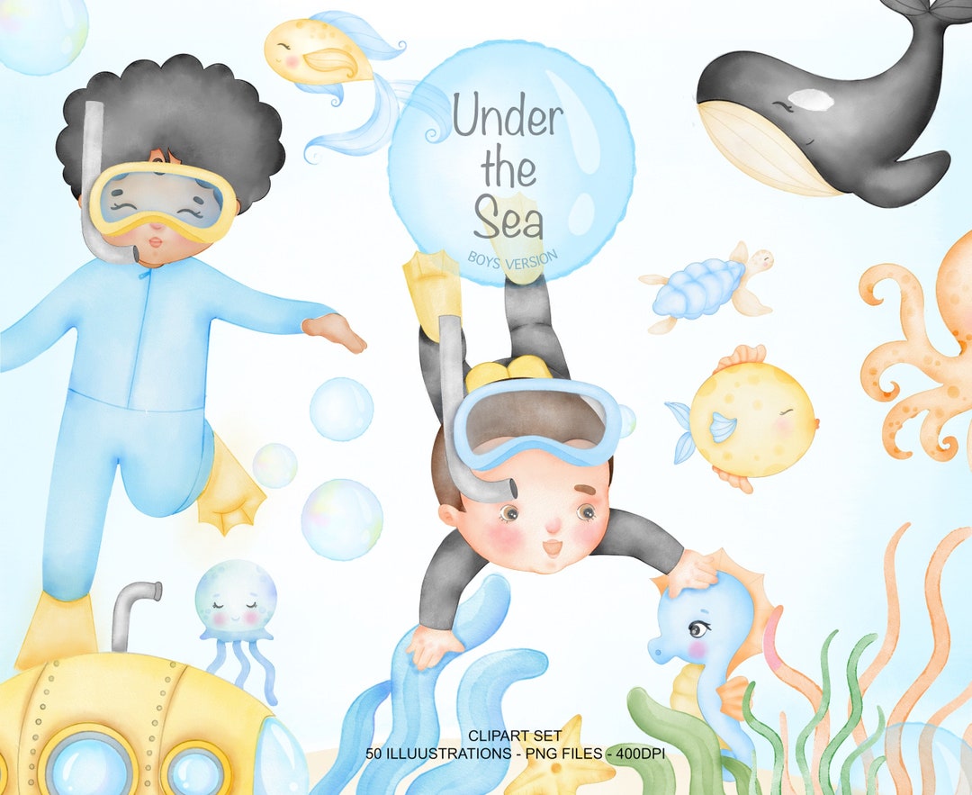 Watercolor Under the Sea Boys Clipart Set, Baby Boy Under the Sea PNG ...