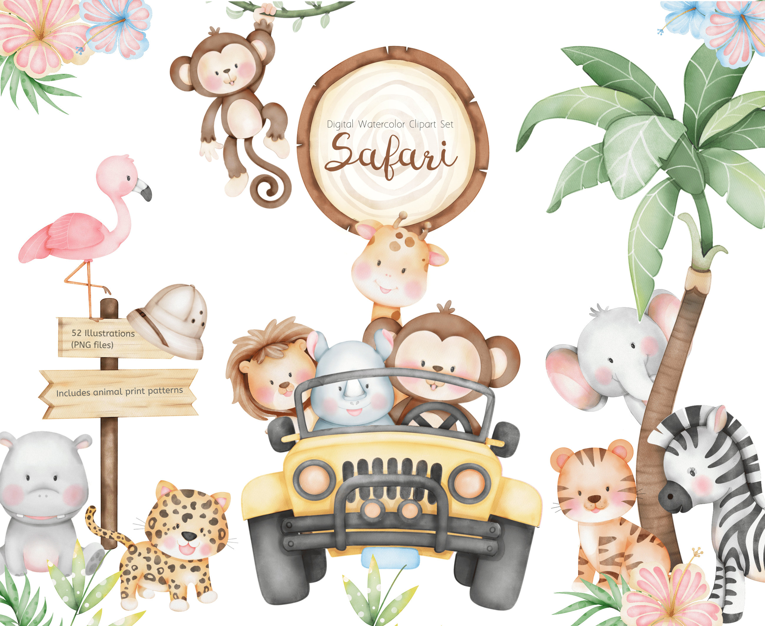 Watercolor Safari Animals Clipart Set, Cute Baby Safari Animals Clipart ...