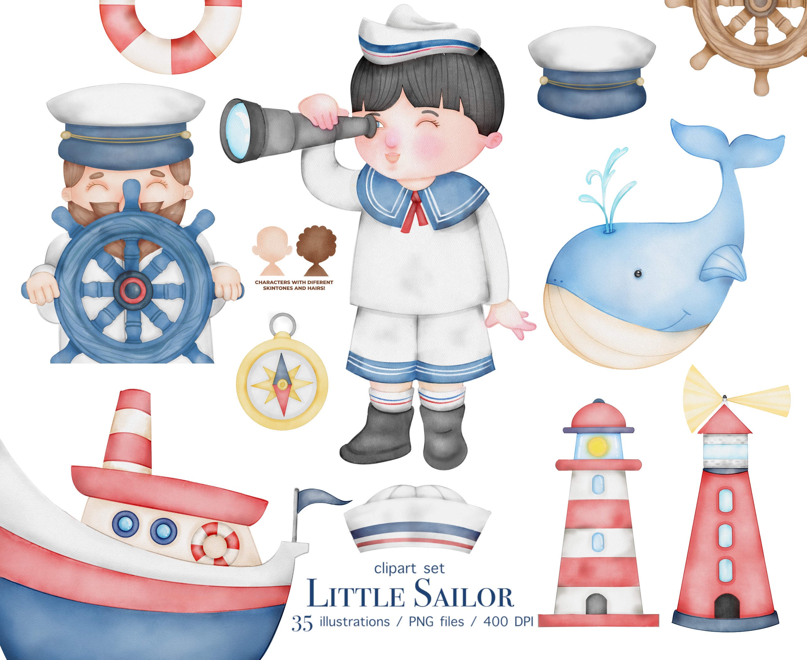 Watercolor Sailor Clipart Set, Nauticals Printable, Baby Boy Marine ...