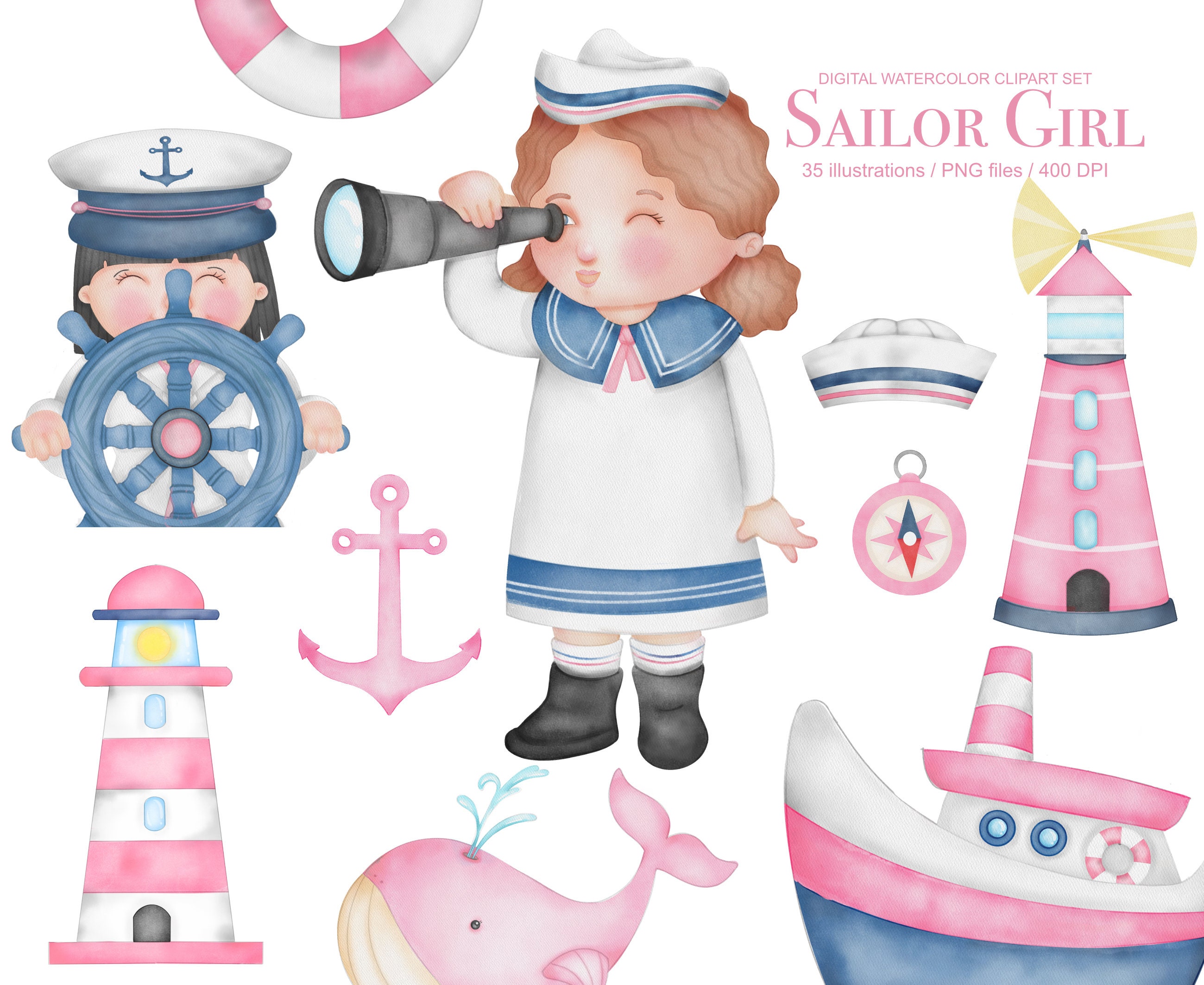 Watercolor Sailor Girl Clipart Set, Nauticals Girl Printable, Baby Girl ...