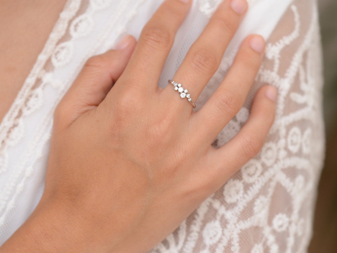 Cluster Ring, Tiny Diamond Ring, Thin Gold Ring, Dainty Solid Gold Ring ...