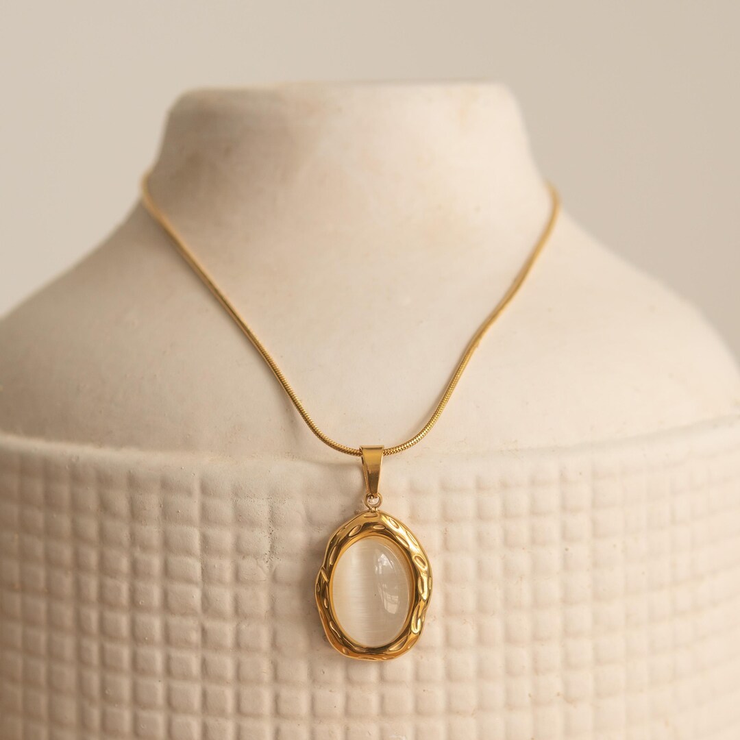18K Gold Oval Cat Eye Pendant Necklace - Stainless Steel - Etsy