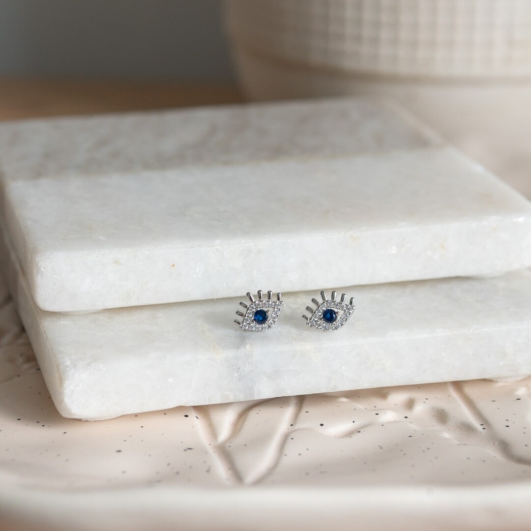Sterling Silver Evil Eye Stud Earrings: Sapphire Blue CZ - Etsy