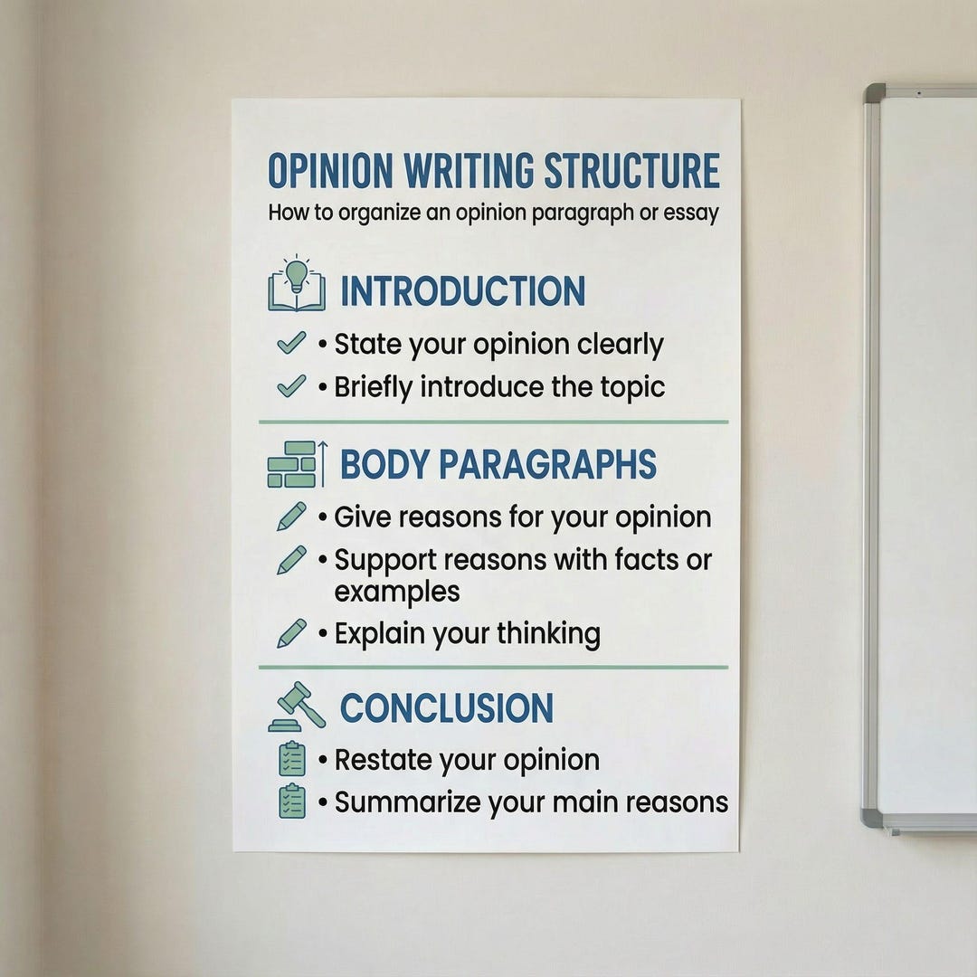 Grades 4–5 Opinion Writing Structure Poster for Kids | Paragraph ...