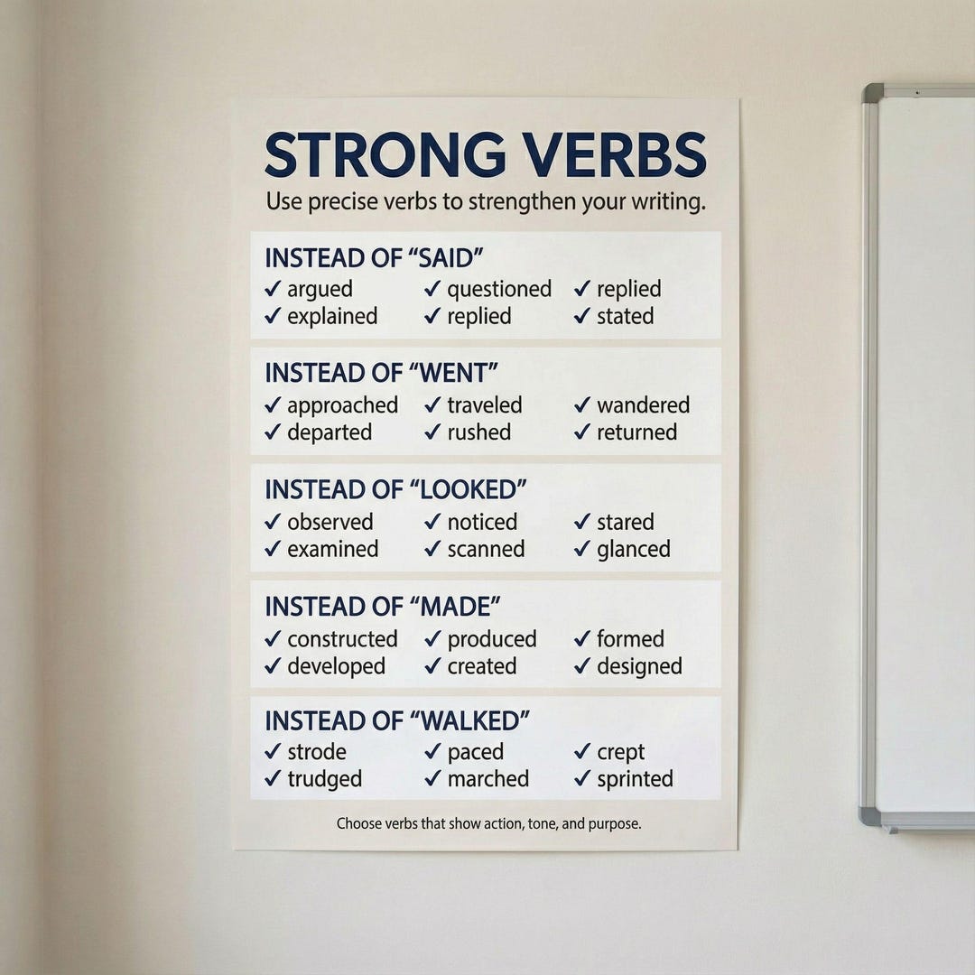 Grades 6–8 Strong Verbs Poster | Precise Word Choice for Writing - Etsy