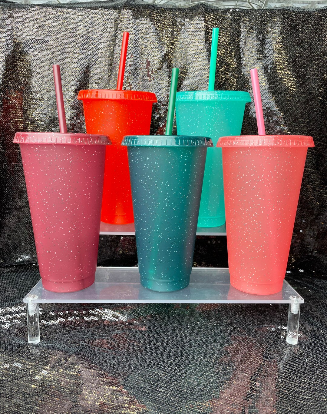 Set of 5 Glitter Reusable Cold Cups With Lids and Straws, Crafting Cups ...