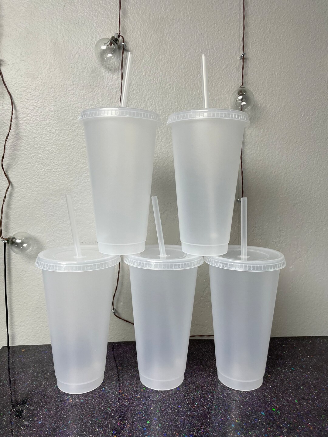 Set of 5 Clear Frost Reusable Cold Cups, Bulk Cold Cups With Lid and ...
