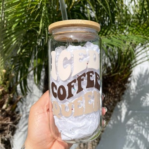 ICED COFFEE QUEEN, Coffee Glass Beer Can Cup With Bamboo Lid and Straw - Etsy