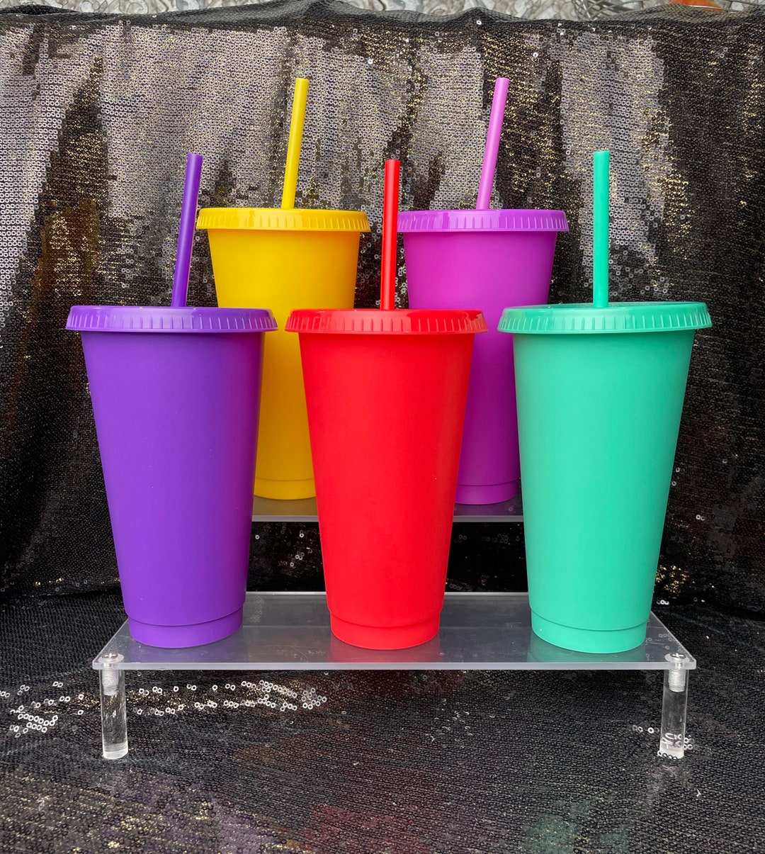24oz Set of 5 Colorful Reusable Cold Cups With Lids and Straws, Bulk ...