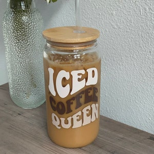 ICED COFFEE QUEEN, Coffee Glass Beer Can Cup With Bamboo Lid and Straw - Etsy