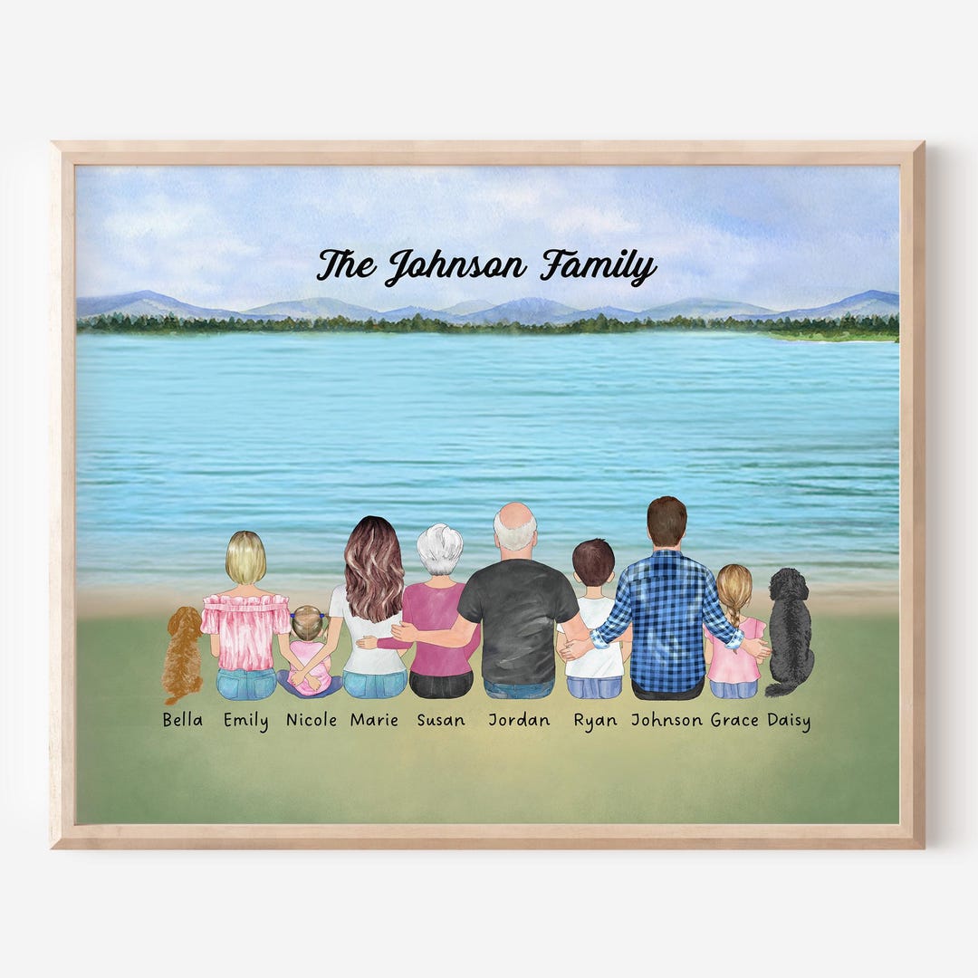 Personalized Big Family Portrait With Pets, Family Wall Art Print ...