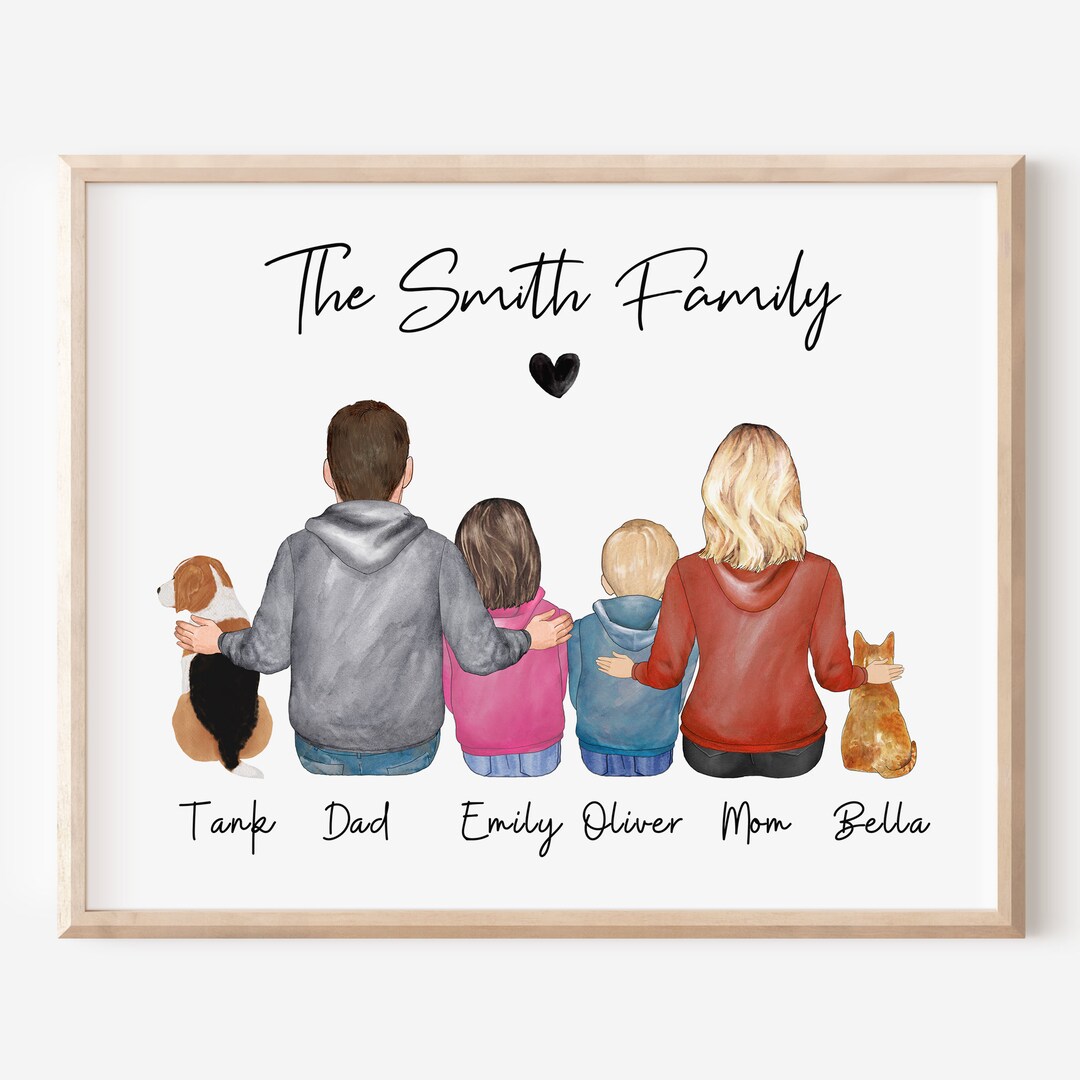 Digital Family Portrait With Pets, Personalized Family Portrait, Family ...