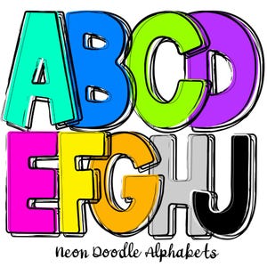 Vivid Neon Scribble Letters, Bright Doodle Alphabet, PNG Bundle, Hand ...