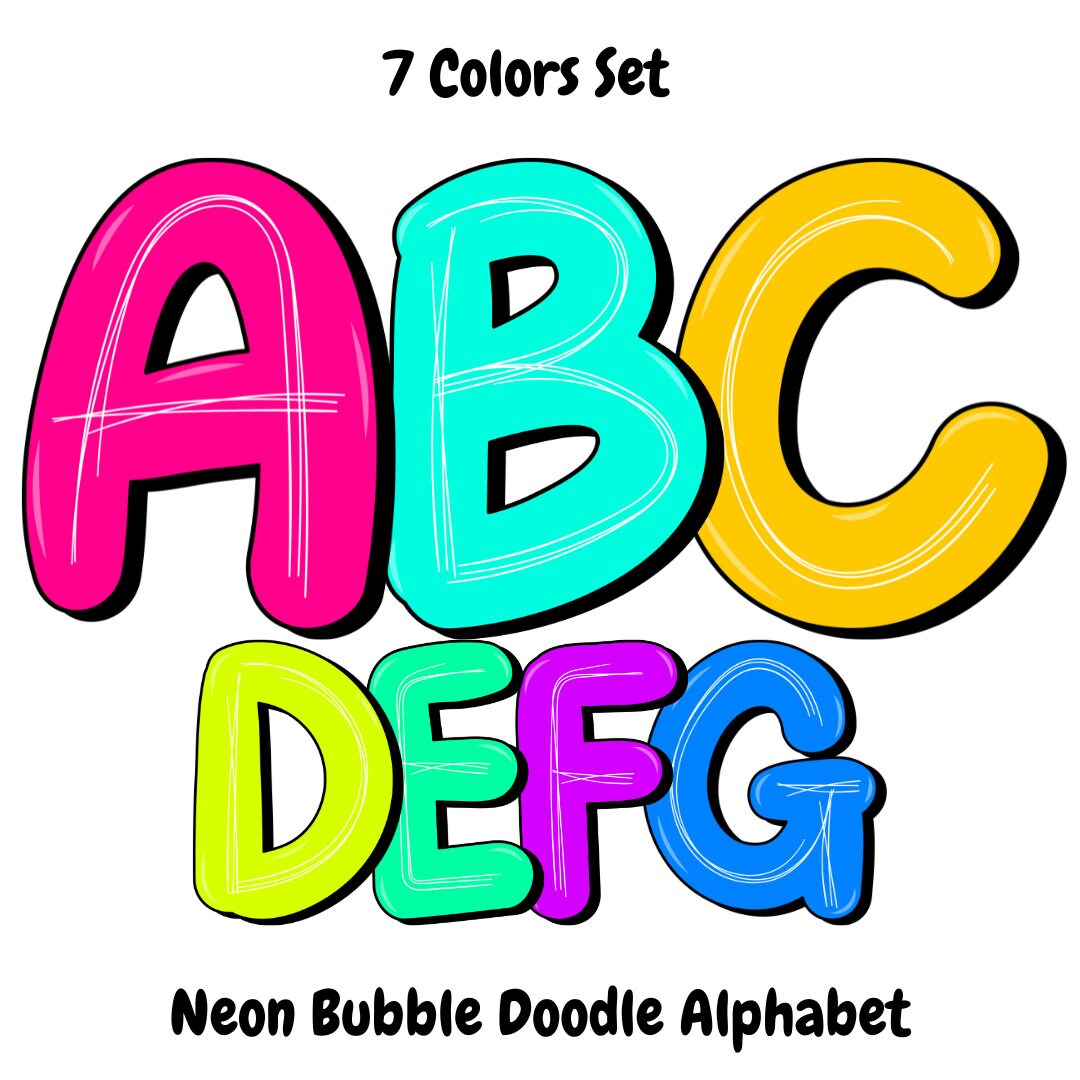 Bright Bubble Balloon Alphabet: Colorful Neon Scribble Letters PNG ...