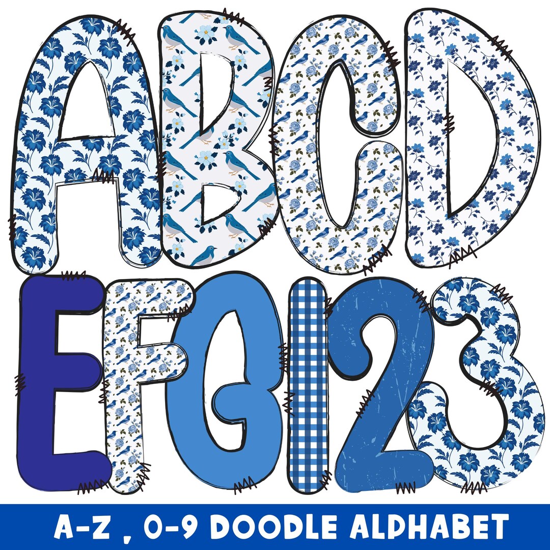 Blue Floral Chinoiserie Alphabet Png Bundle, Flower Chinoiserie Png ...