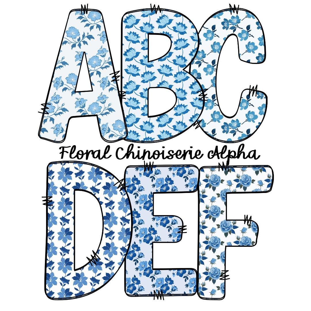 Blue Flower Chinoiserie Alphabet Png Bundle, Floral Chinoiserie Png ...
