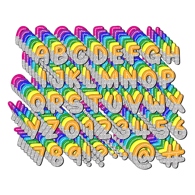 Neon Colorful Half Dalmatian Dot Bubble Doodle Alphabet Font Set PNG ...