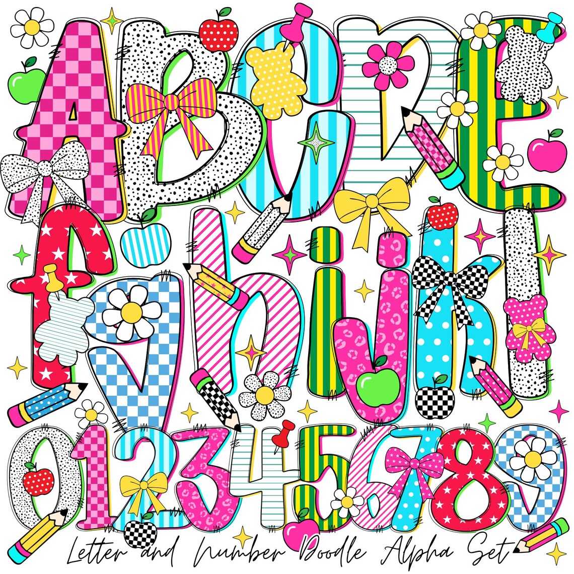 Preppy Vintage Back to School Teacher Alphabet | Doodle Alpha Font ...